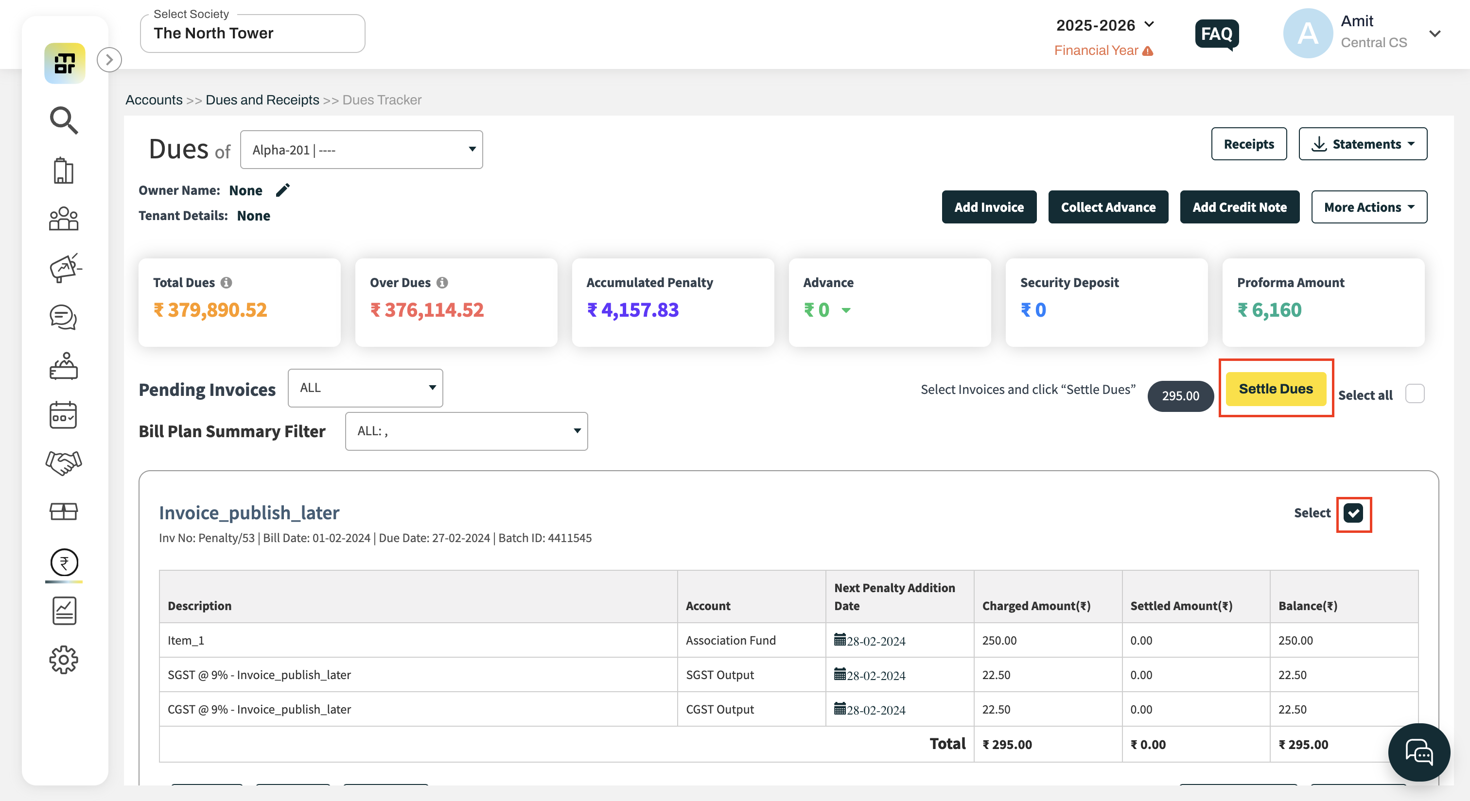 3. Select the Invoice you want to settle, then click on "Settle Dues".